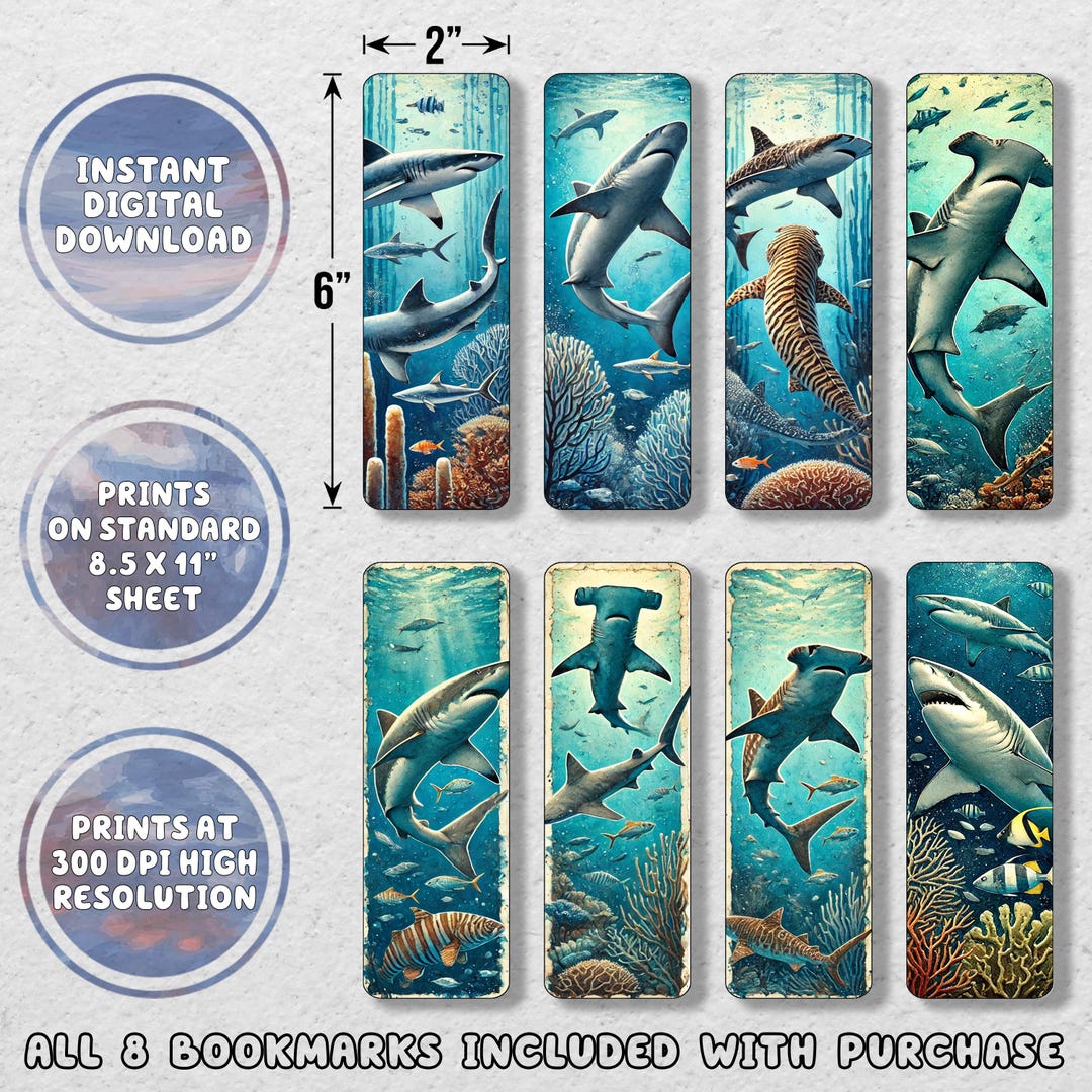 Watercolor Sharks Printable Bookmark Set | Printable Bookmarks ...