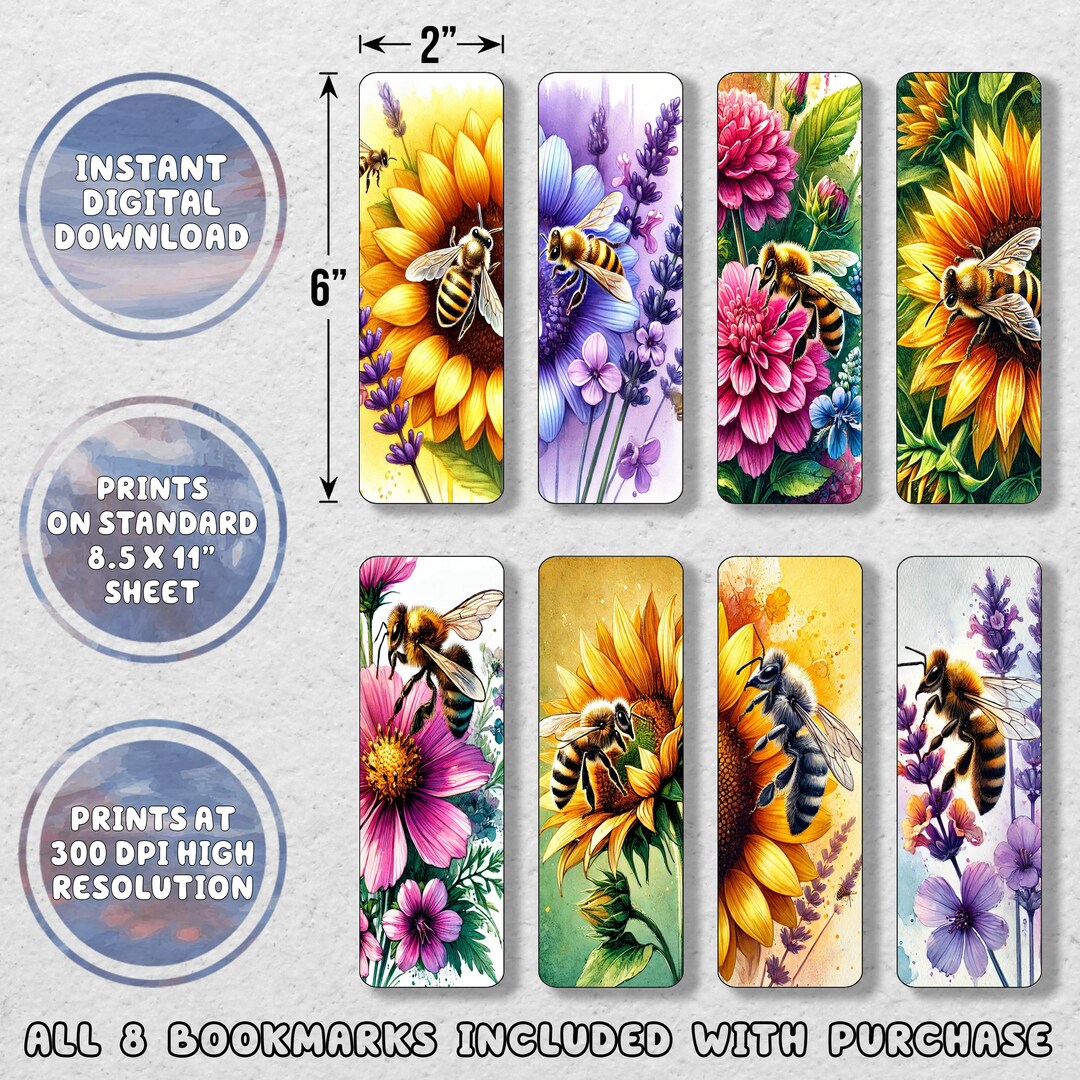 Vibrant Bees Printable Bookmark Set | Printable Bookmarks | Instant ...