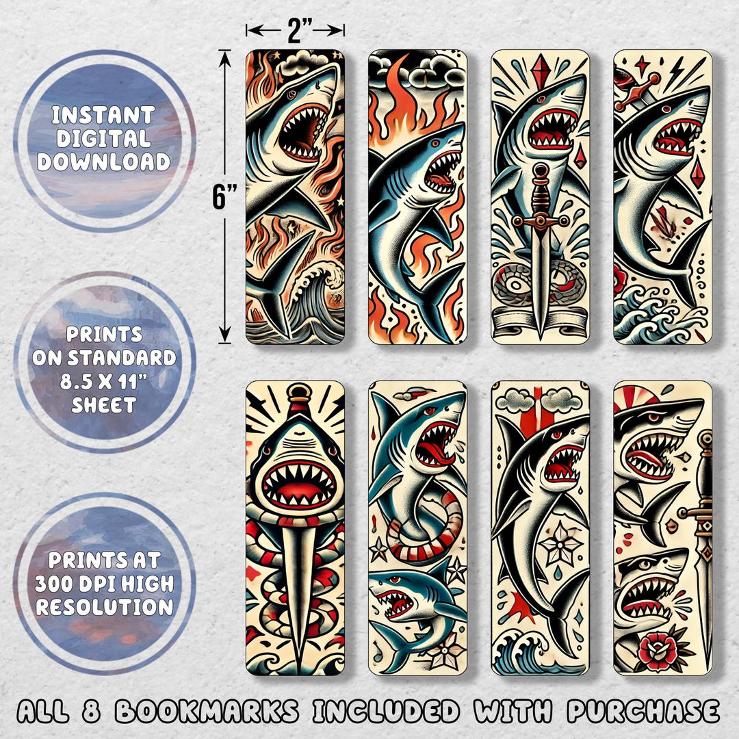 Tattoo Sharks Printable Bookmark Set | Printable Bookmarks | Instant ...