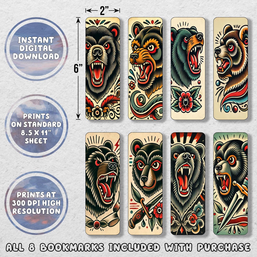 Traditional Tattoo Bears Printable Bookmark Set | Printable Bookmarks ...
