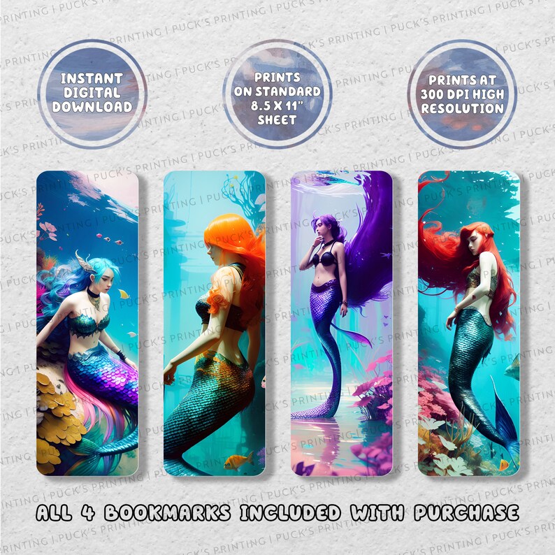 Beautiful Anime Mermaids Printable Bookmark Set of 4 - Etsy