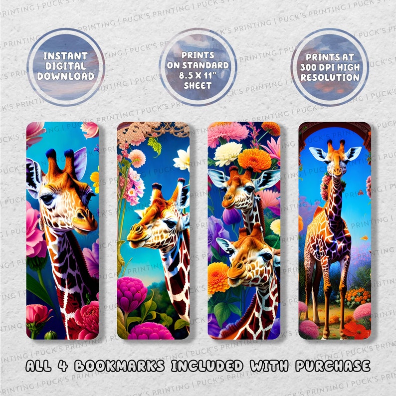 Flora Style Giraffes Printable Bookmark Set of 4 Printable Bookmarks ...