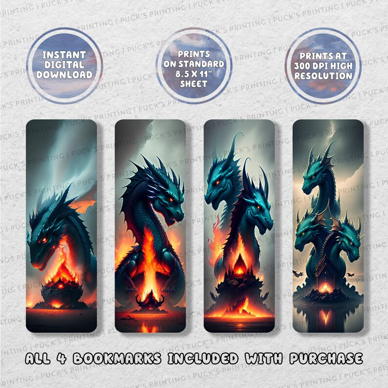 Fiery Doom Dragons Printable Bookmark Set of 4 Printable - Etsy