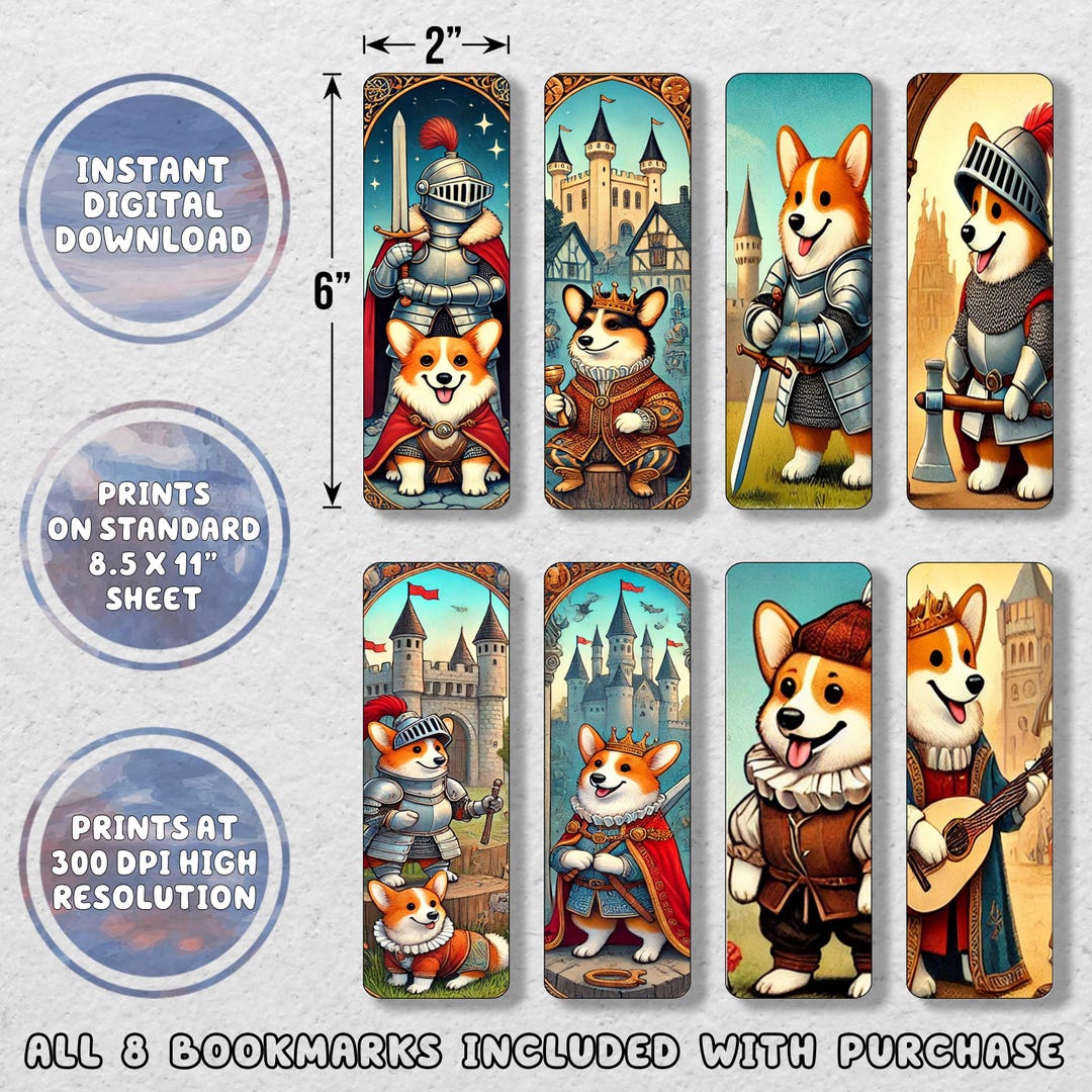 Medieval Corgis Printable Bookmark Set | Printable Bookmarks | Instant ...