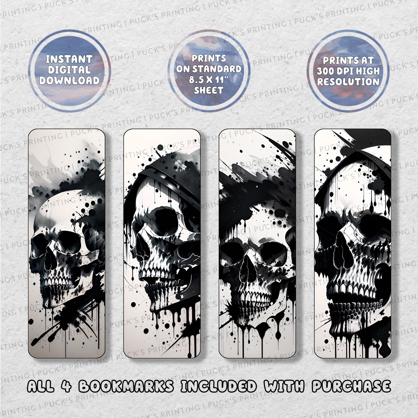 Ink Splatter Skull Printable Bookmark Set of 4 Printable Bookmarks ...