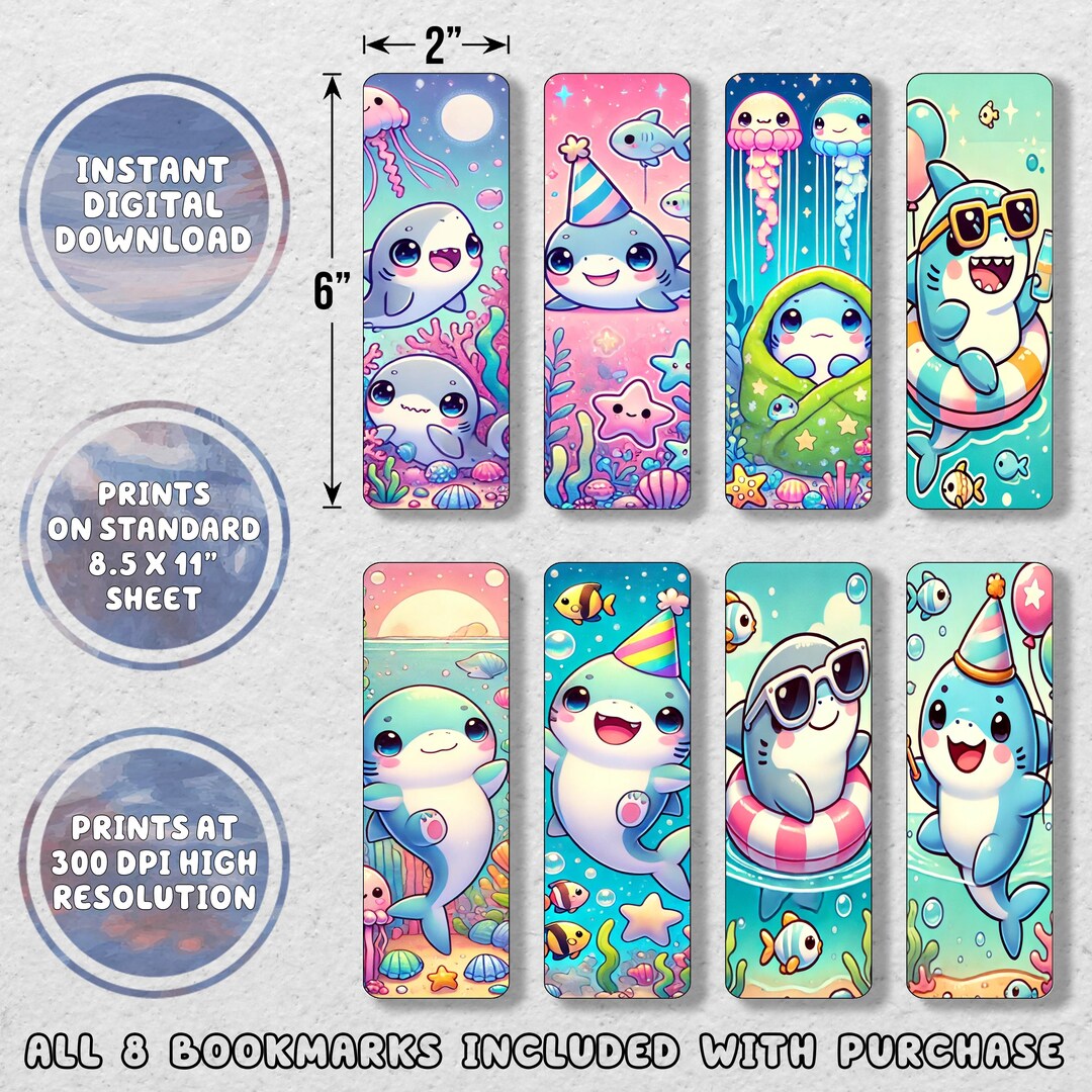 Kawaii Sharks Printable Bookmark Set | Printable Bookmarks | Instant ...