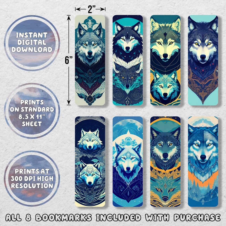 Beautiful Wolf Printable Bookmark Set Printable Bookmarks Instant Download Digital Download Set ...