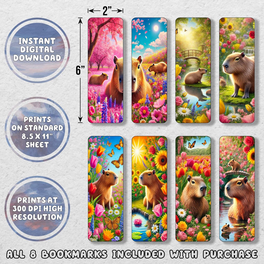 Vibrant Floral Capybaras Printable Bookmark Set | Printable Bookmarks ...