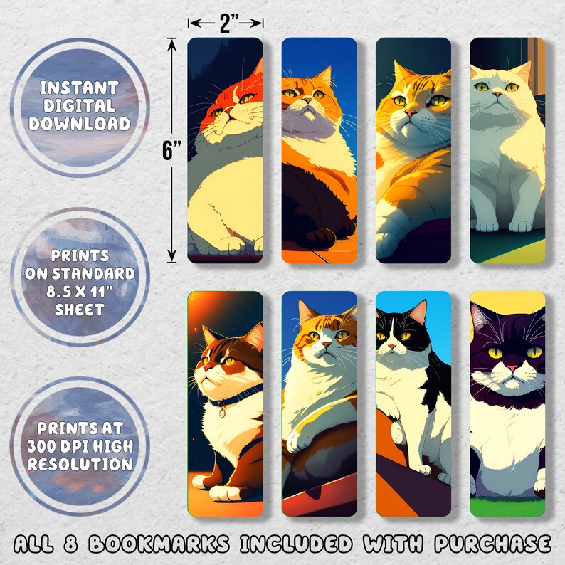 Anime-style Cute Fat Cats Printable Bookmark Set Printable Bookmarks ...