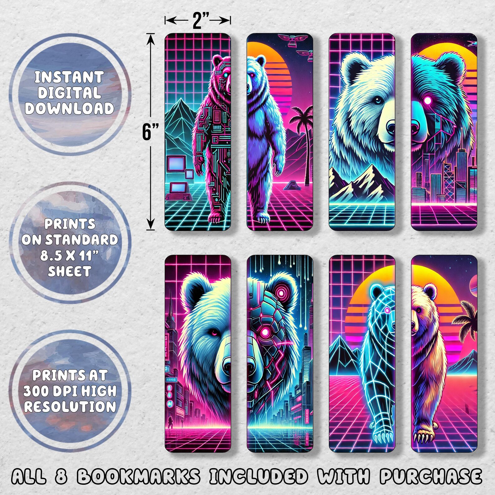 Cyberpunk Bear Printable Bookmark Set | Printable Synthwave Bookmarks ...