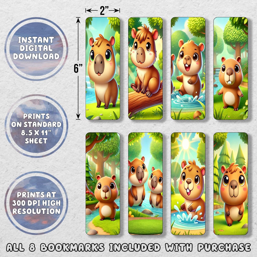 Cute Cartoon Capybaras Printable Bookmark Set | Printable Bookmarks ...