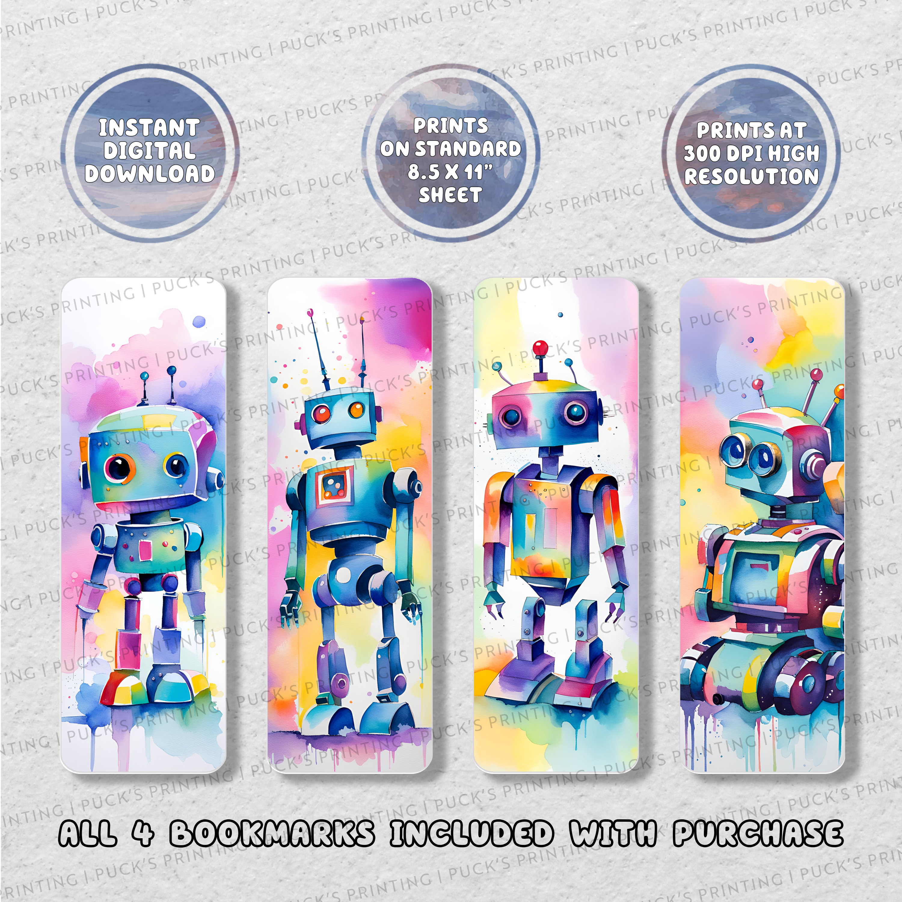 Watercolor Robot Printable Bookmark Set of 4 Instant - Etsy