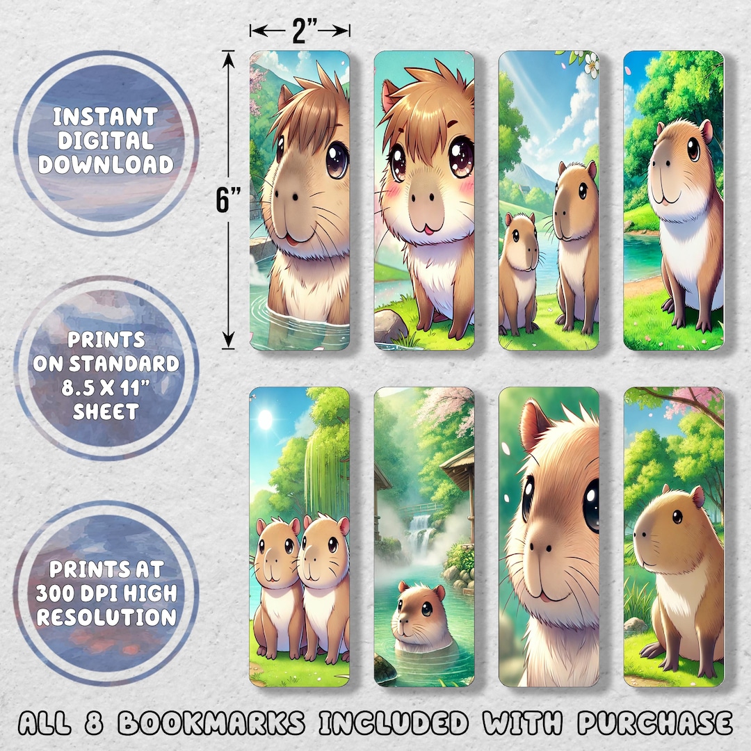 Anime Capybaras Printable Bookmark Set | Printable Bookmarks | Instant ...