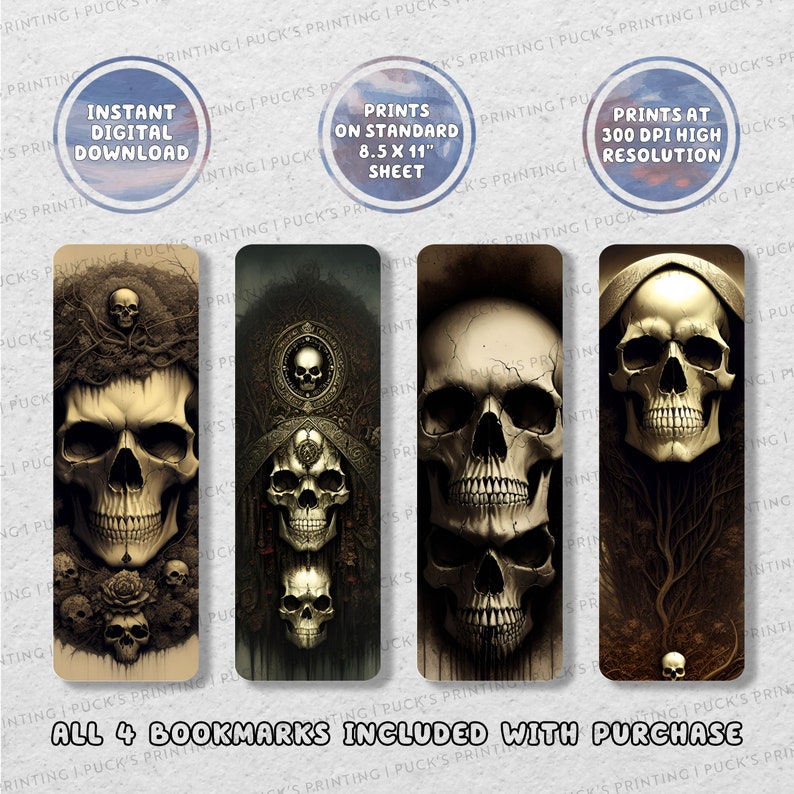 Horror Skull Printable Bookmark Set of 4 | Printable Bookmarks ...