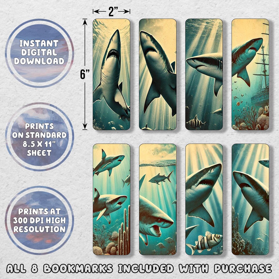 Vintage Sharks Printable Bookmark Set | Printable Bookmarks | Instant ...