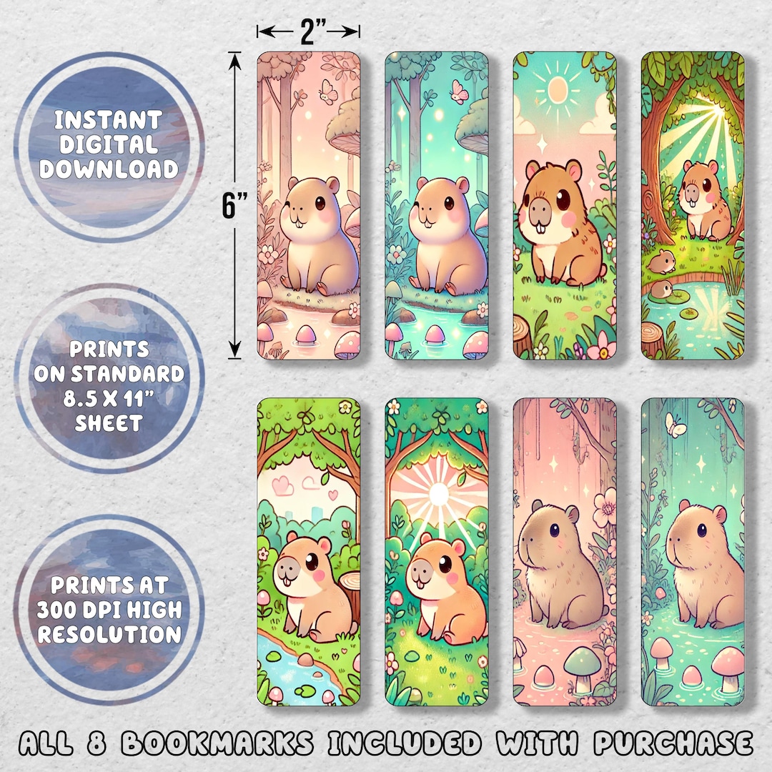 Kawaii Capybaras Printable Bookmark Set | Printable Bookmarks | Instant Download | Digital ...