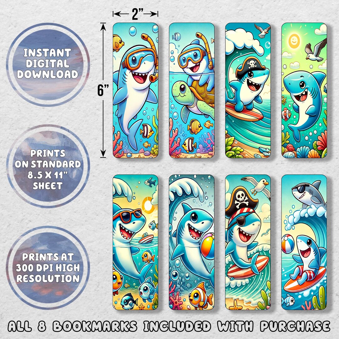 Kids Cartoon Sharks Printable Bookmark Set | Printable Bookmarks ...
