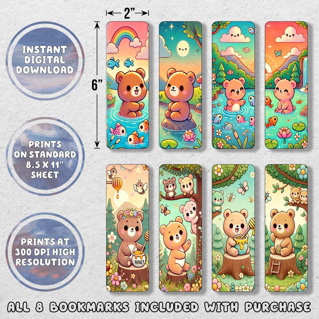 Kawaii Bear Printable Bookmark Set | Printable Bookmarks | Instant ...