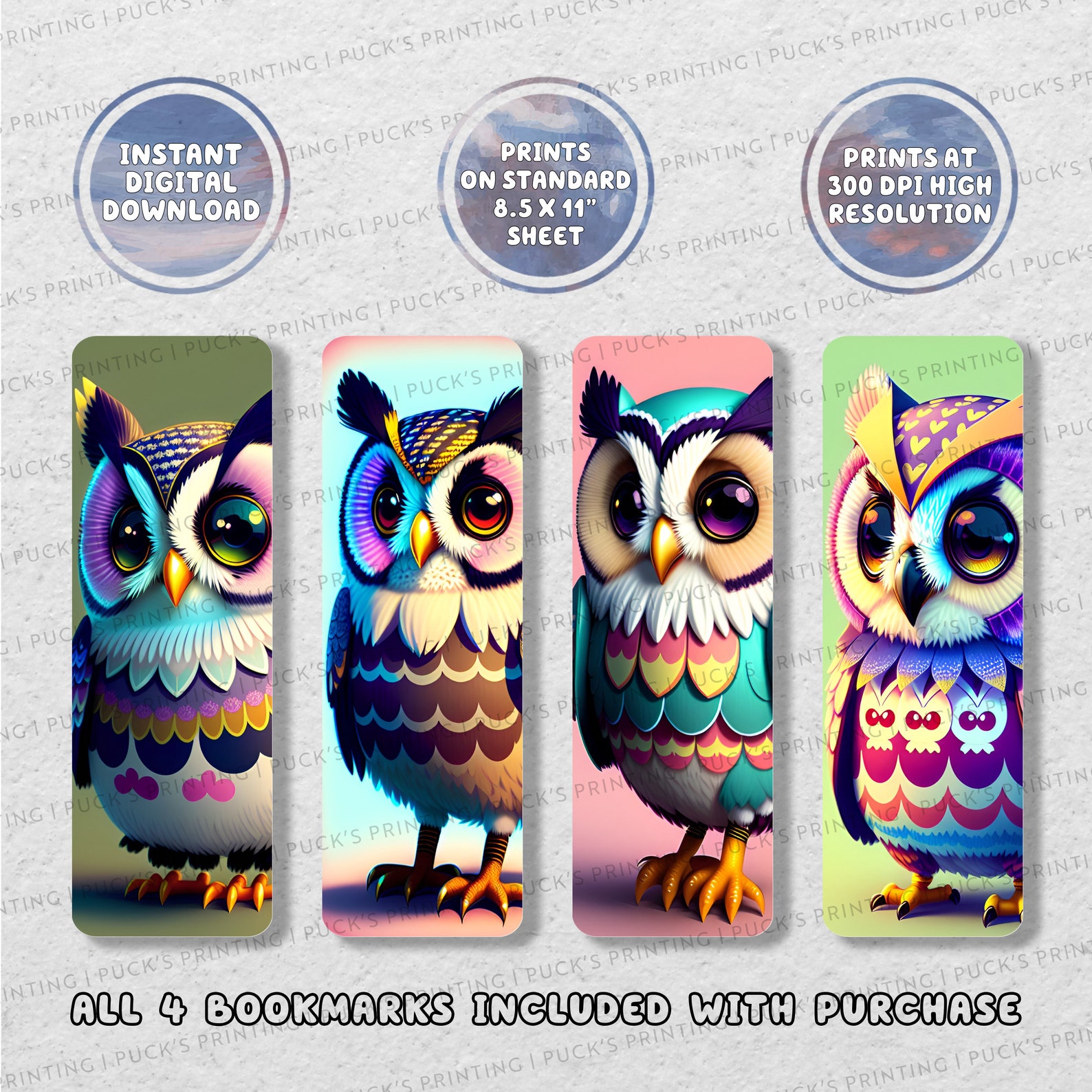 Kawaii Owls Printable Bookmark Set of 4 Printable Bookmarks Instant ...