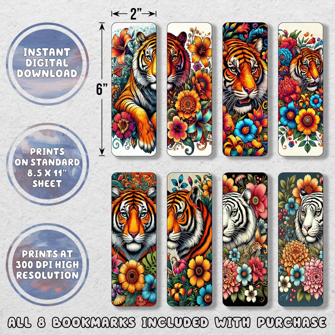 Floral Tigers Printable Bookmark Set | Printable Flower Bookmarks ...
