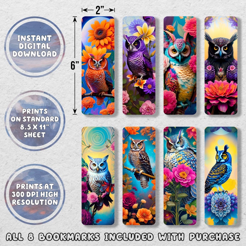 Floral Owls Printable Bookmark Set Printable Bookmarks - Etsy