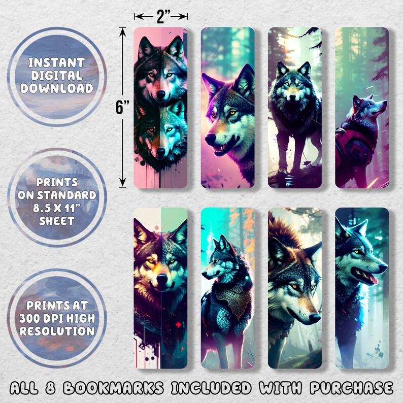 Vibrant Wolf Printable Bookmark Set Printable Bookmarks Instant ...