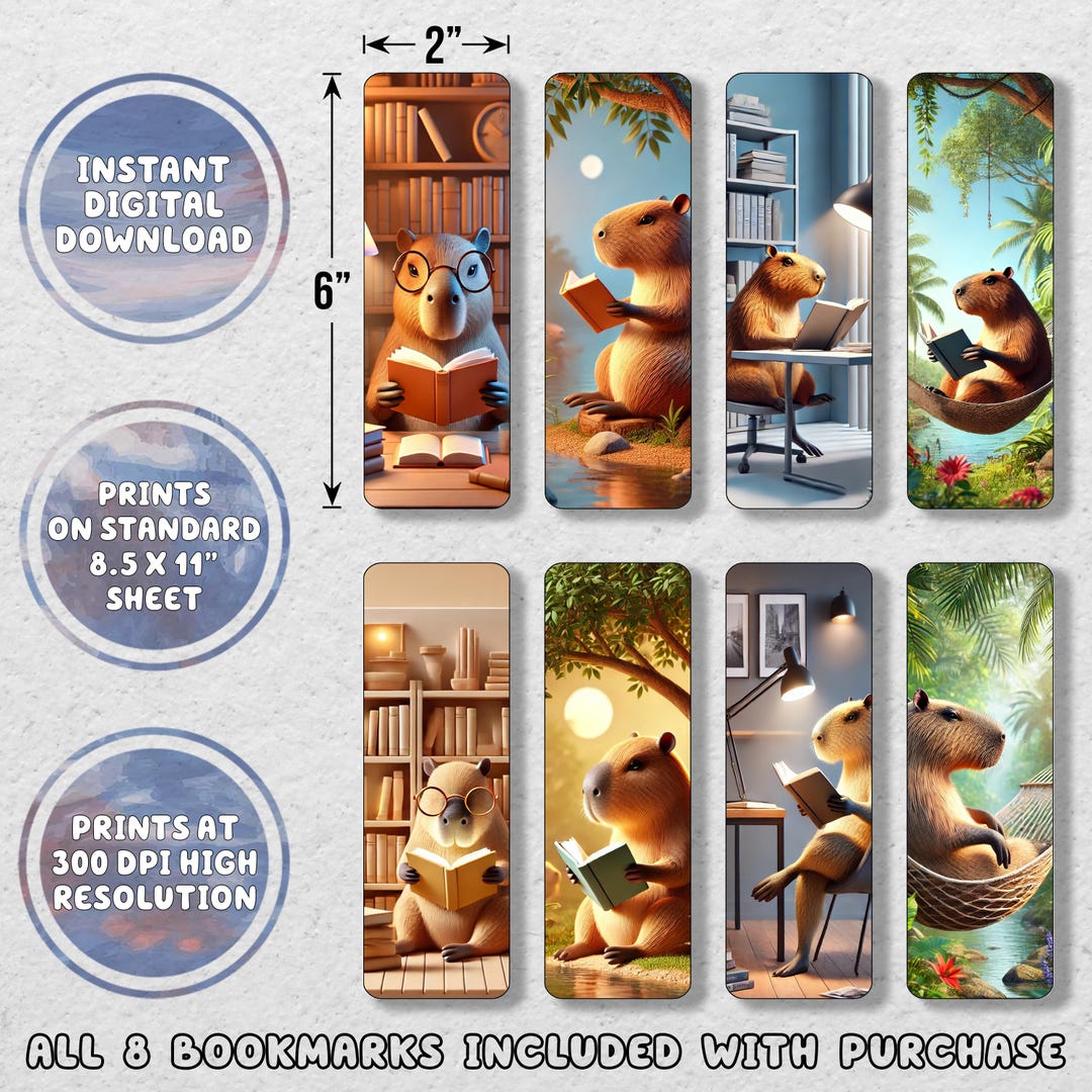 Capybaras Reading Books Printable Bookmark Set | Printable Bookmarks ...