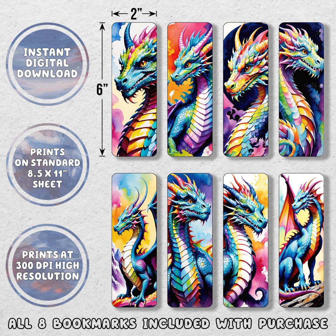 Watercolor Dragon Bookmarks | Printable Bookmark Set (digital Download ...