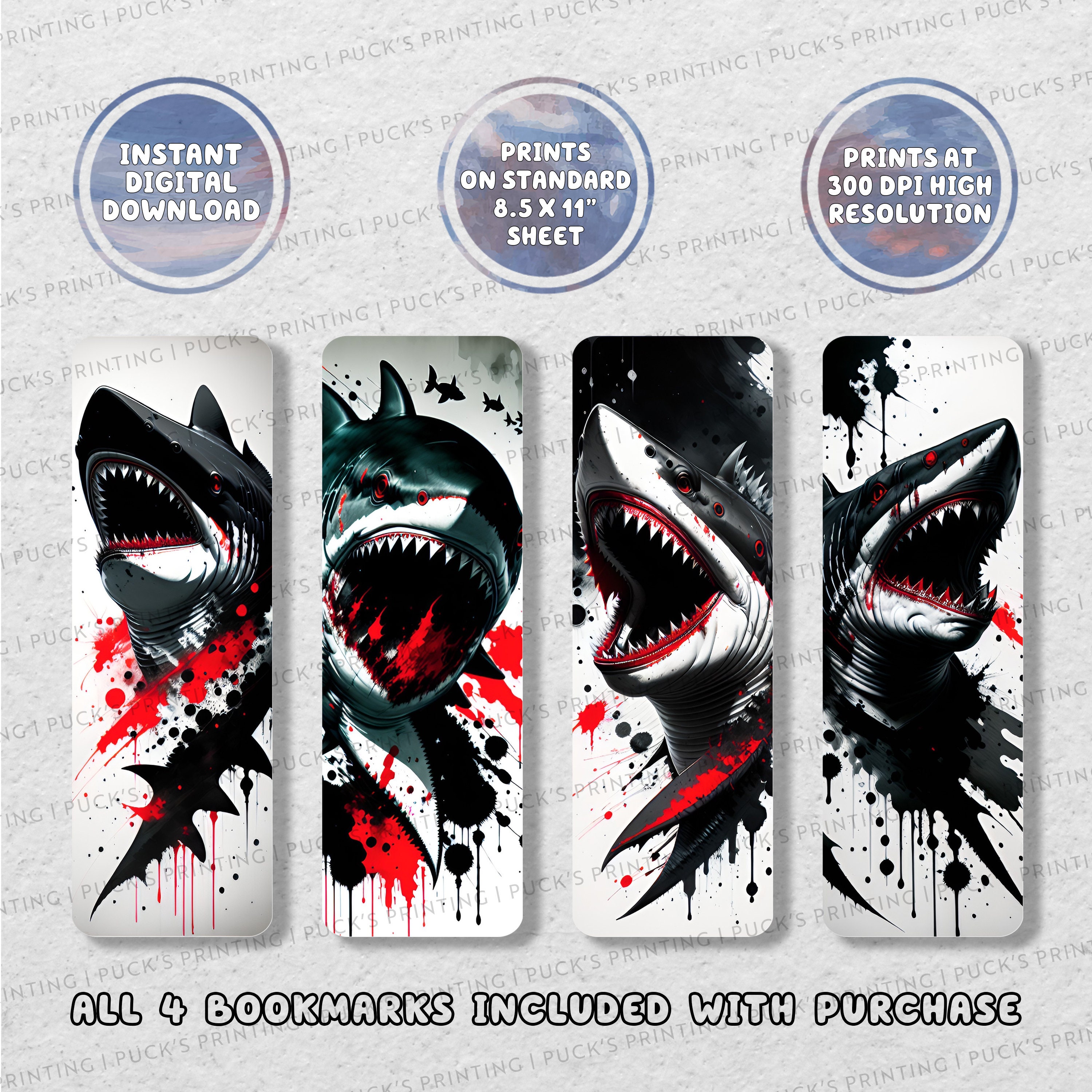 Bloody Sharks Printable Bookmark Set of 4 Printable Bookmarks Instant ...