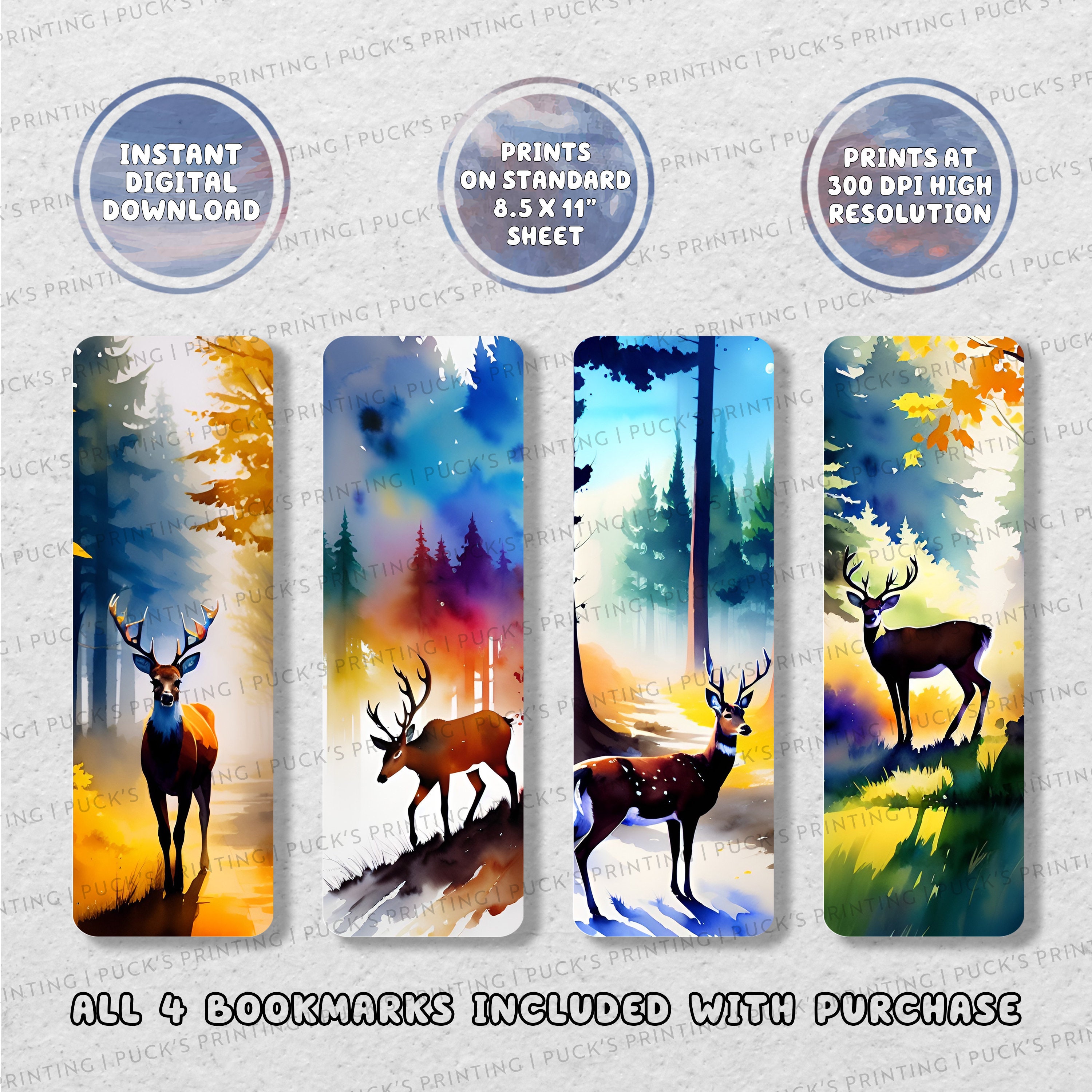 Watercolor Deer Printable Bookmark Set of 4 Printable Bookmarks Instant ...