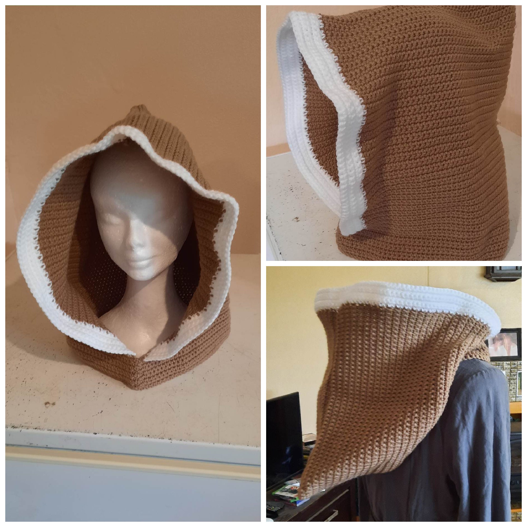 Handwoven Brown and White Nordic Front Closed Hood / Crochet Nordic Hood / Norse Hood / Viking ...