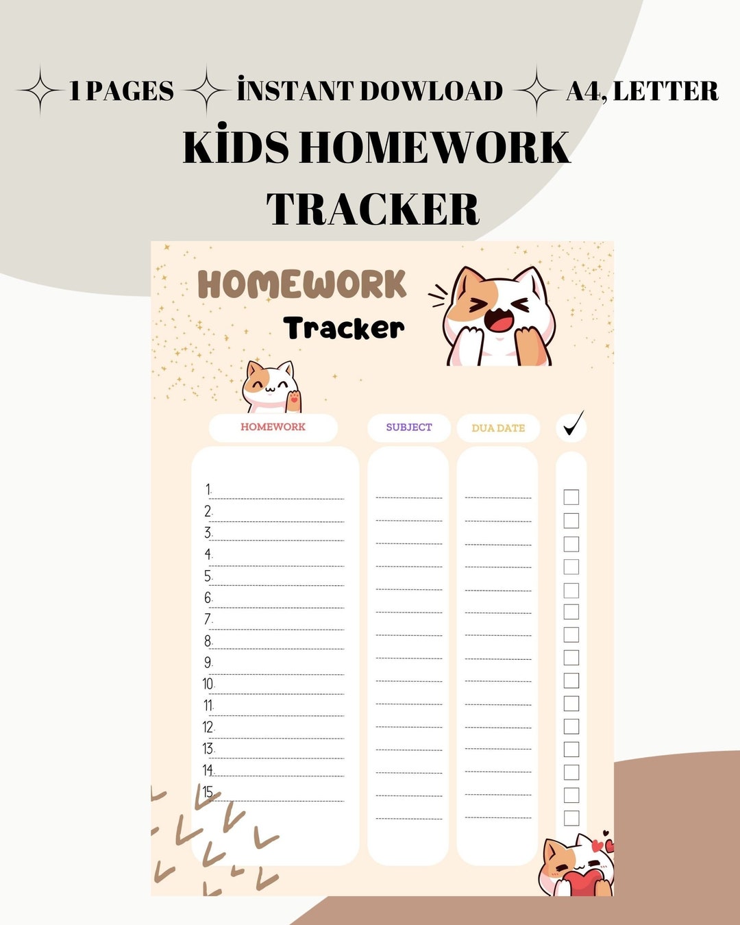 Printable Homework Tracker PDF Digital File Kids Homework - Etsy