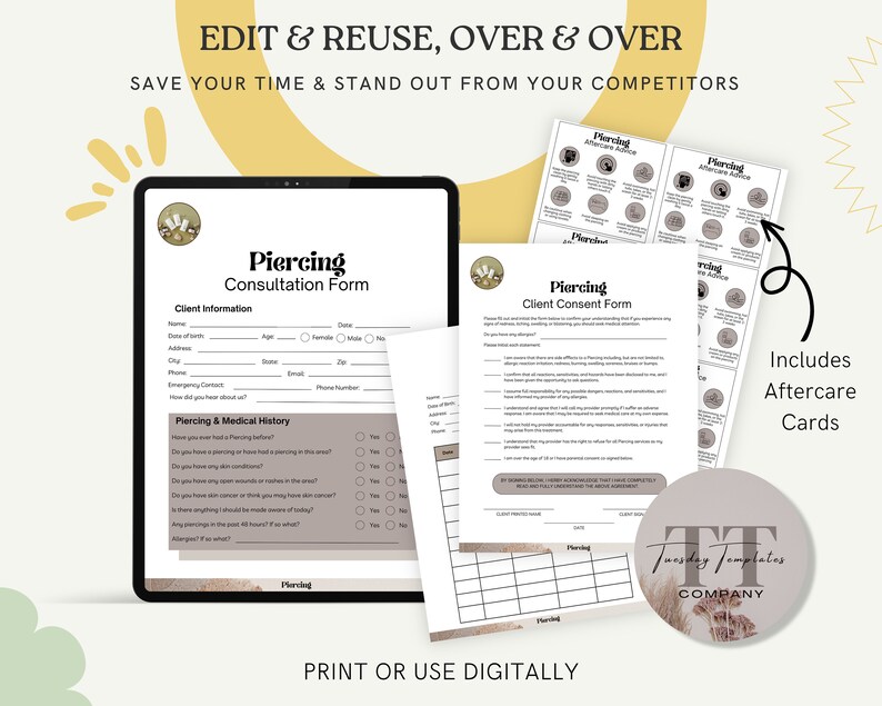 Editable Piercing Consent Form Template: Tattoo & Body Piercing (canva ...