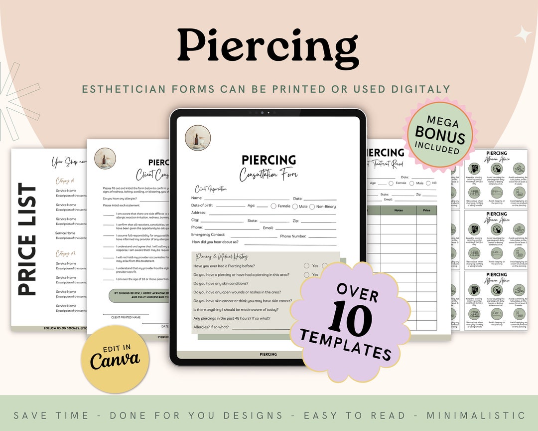 Client Intake Form for Brow and Naval Piercing Professional Esthetician ...