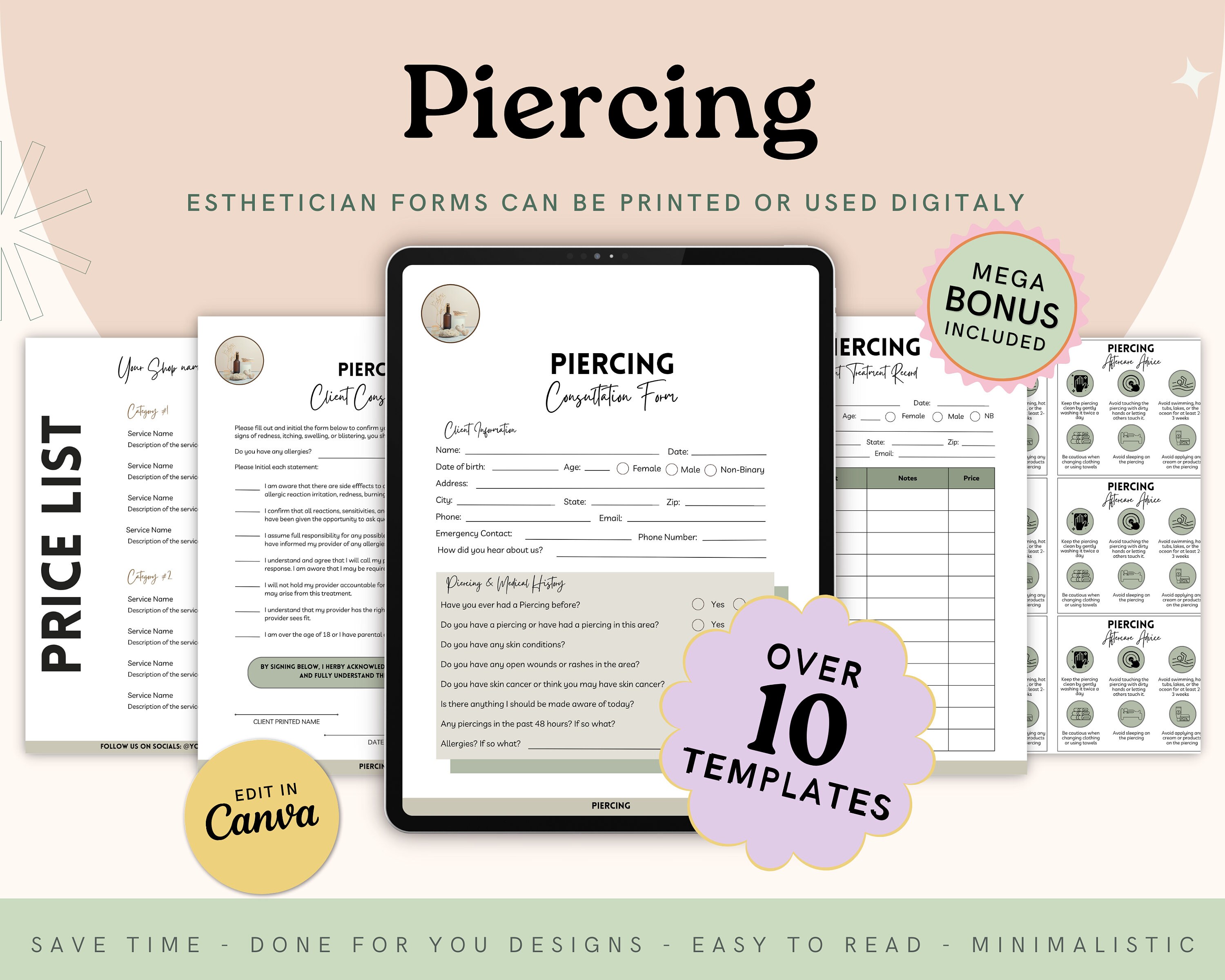 Client Intake Form for Brow and Naval Piercing Professional Esthetician ...