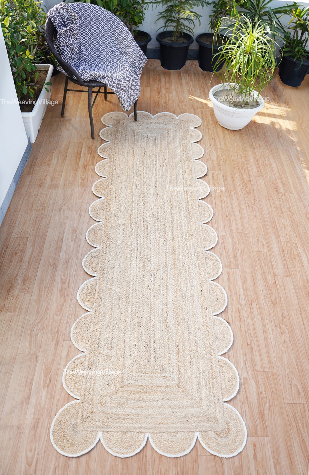 Natural Scallop Jute Runner, White Scallop Edge Runner Rug, Boho Jute ...