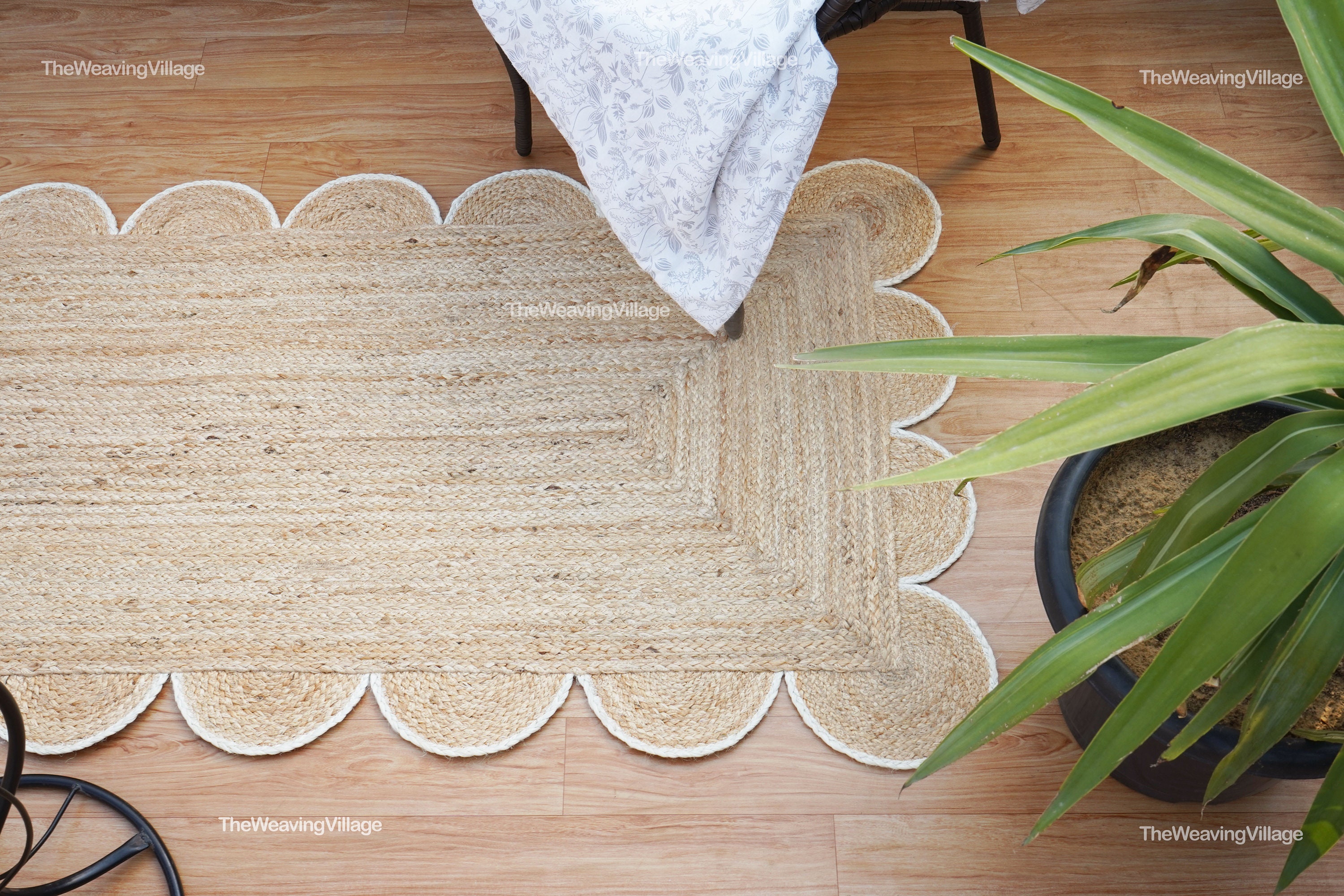 Natural Scallop Jute Runner, White Scallop Edge Runner Rug, Boho Jute ...