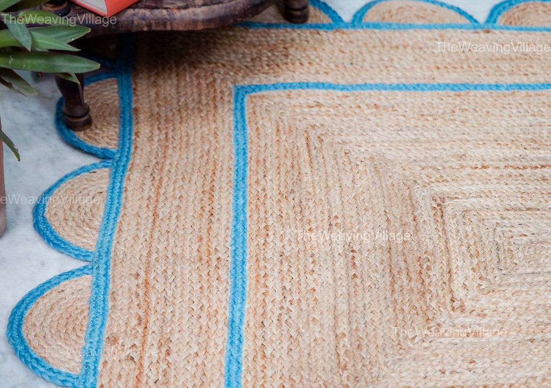 Scalloped Jute Rug Blue Scallop Edge Rug Boho Jute Rug Blue - Etsy
