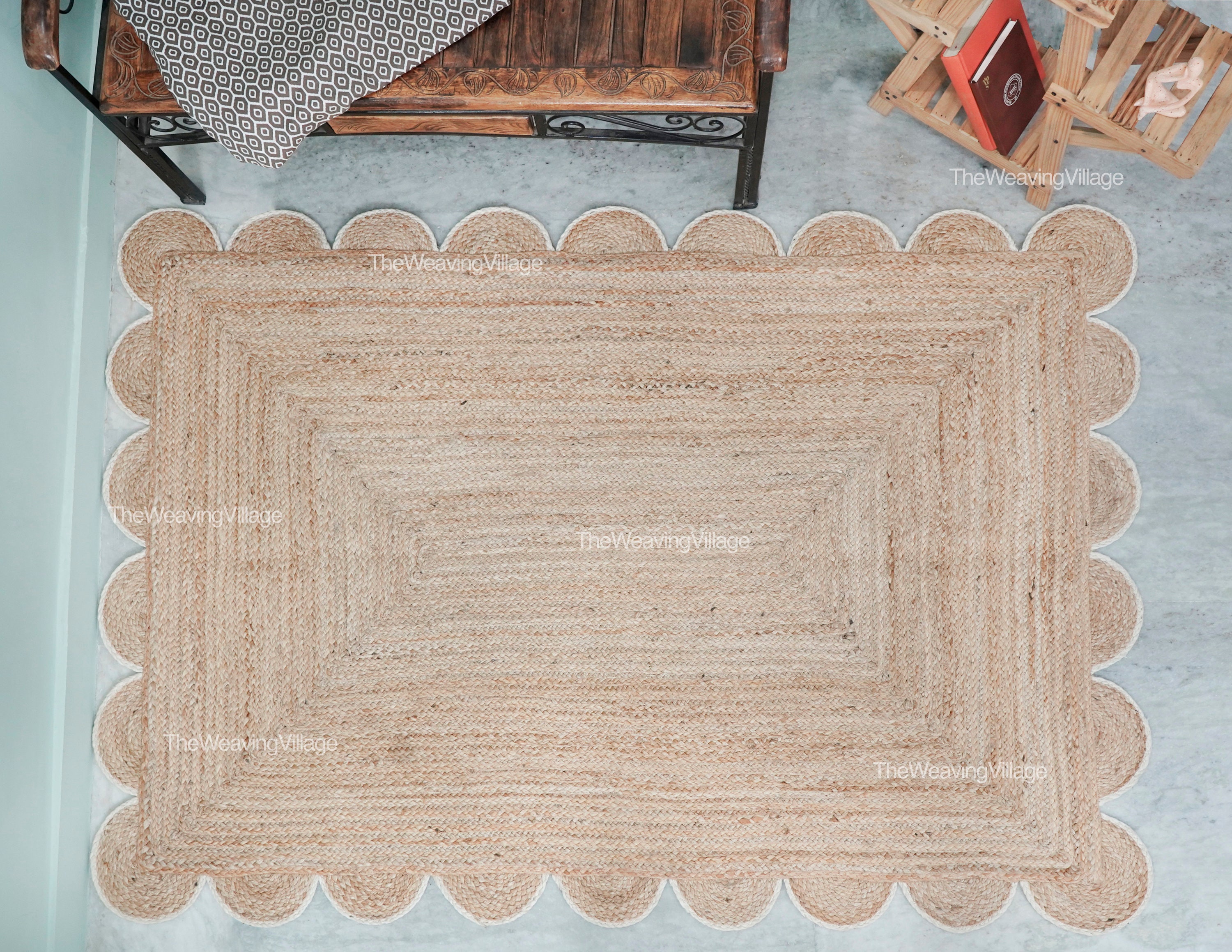 White Scallop Edge Rug, Natural Scallop Jute Rug, Rugs, Natural Rug ...