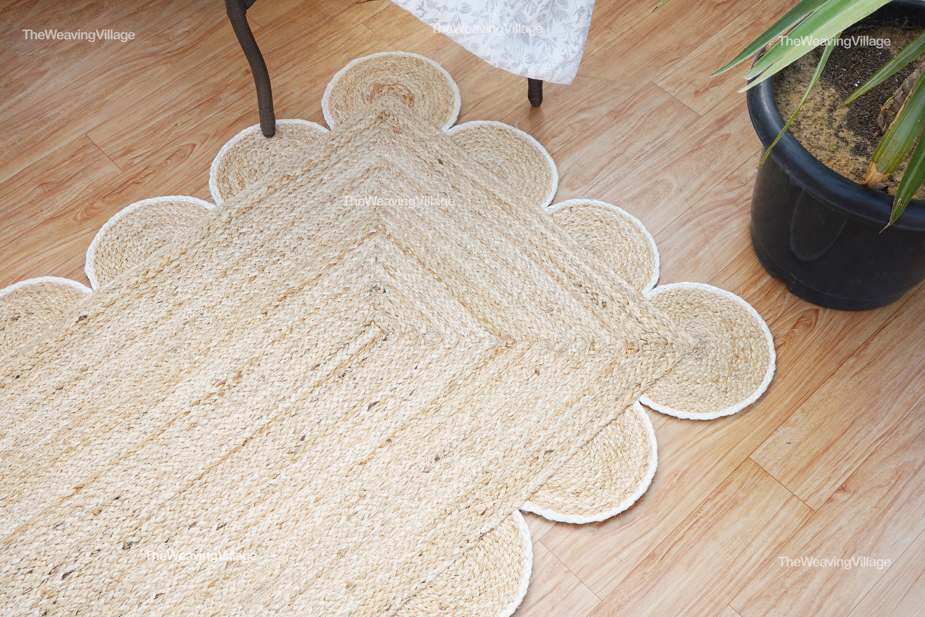 Natural Scallop Jute Runner, White Scallop Edge Runner Rug, Boho Jute ...