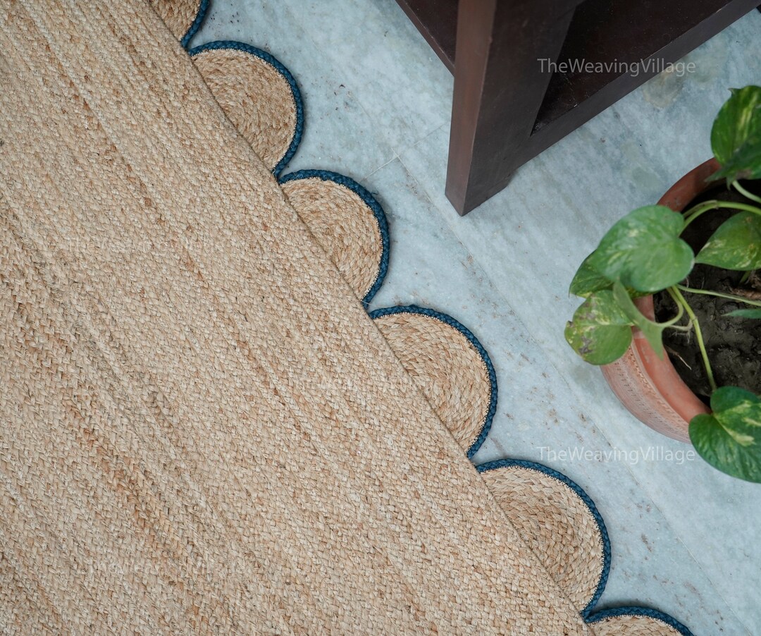 Natural Blue Scalloped Edge Rug, Natural Jute Runner Rug, Braided Jute ...