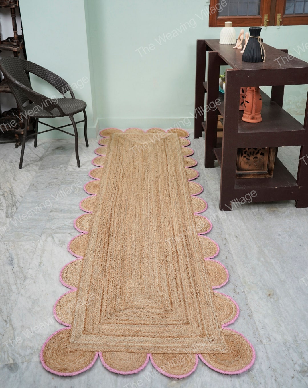 Natural Jute Runner Rug, Pink Runner Rug, Braided Jute Rug, Scallop ...
