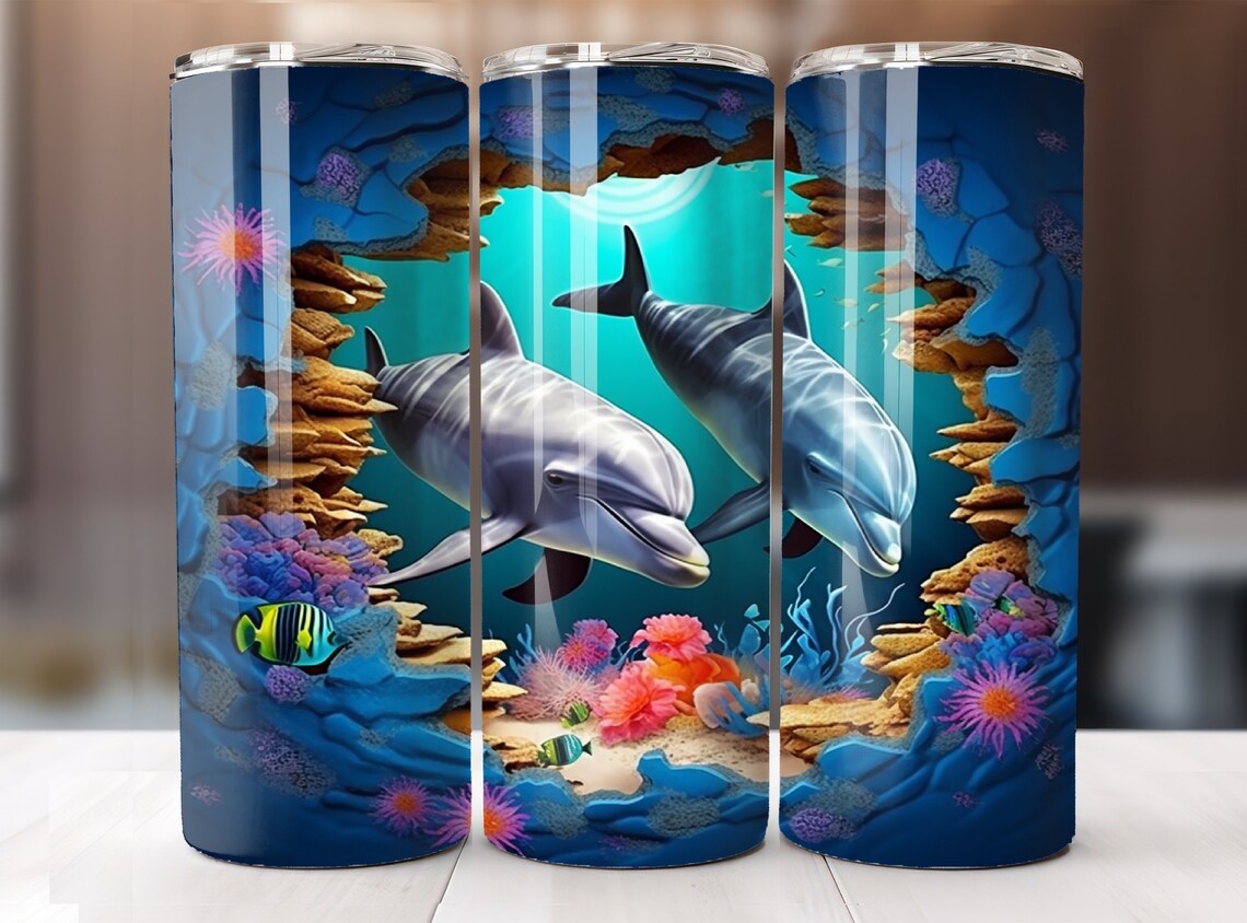3D Dolphin 20 Oz Skinny Tumbler Sublimation Design, Instant Digital ...