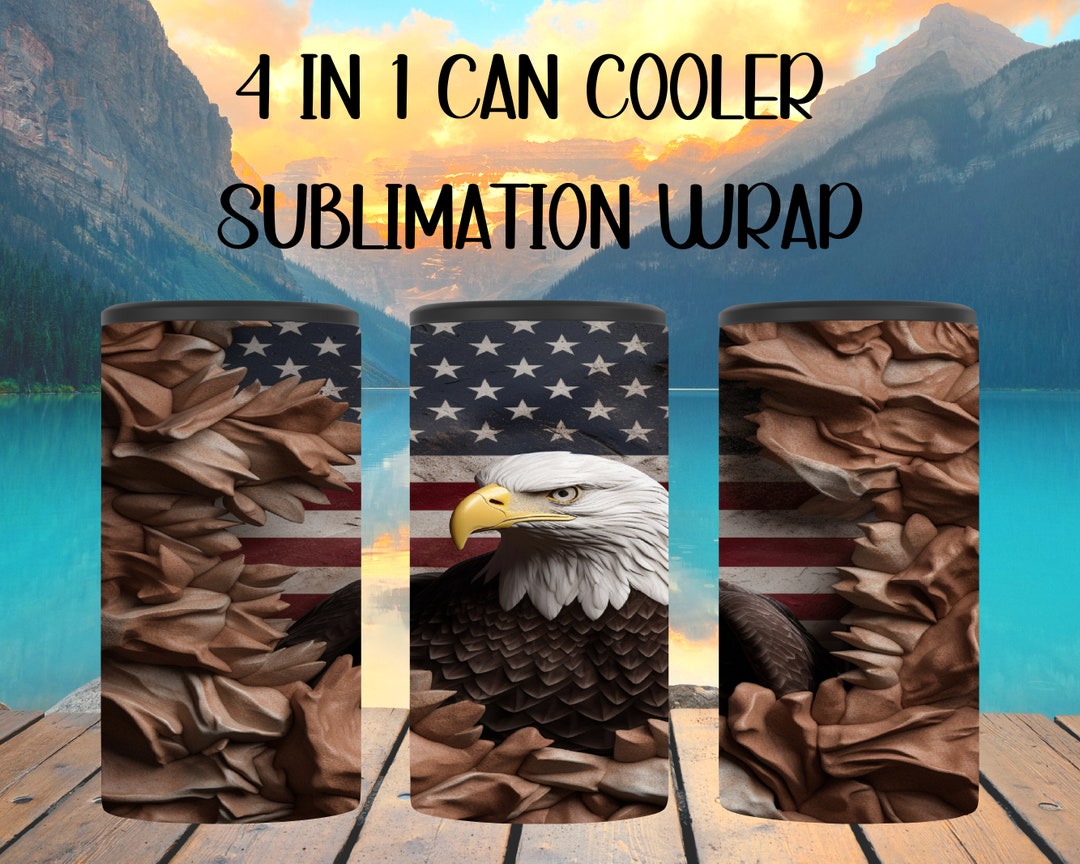4 in 1 Can Cooler Sublimation 3D American Flag 3D Eagle Wrap PNG, 4 in ...