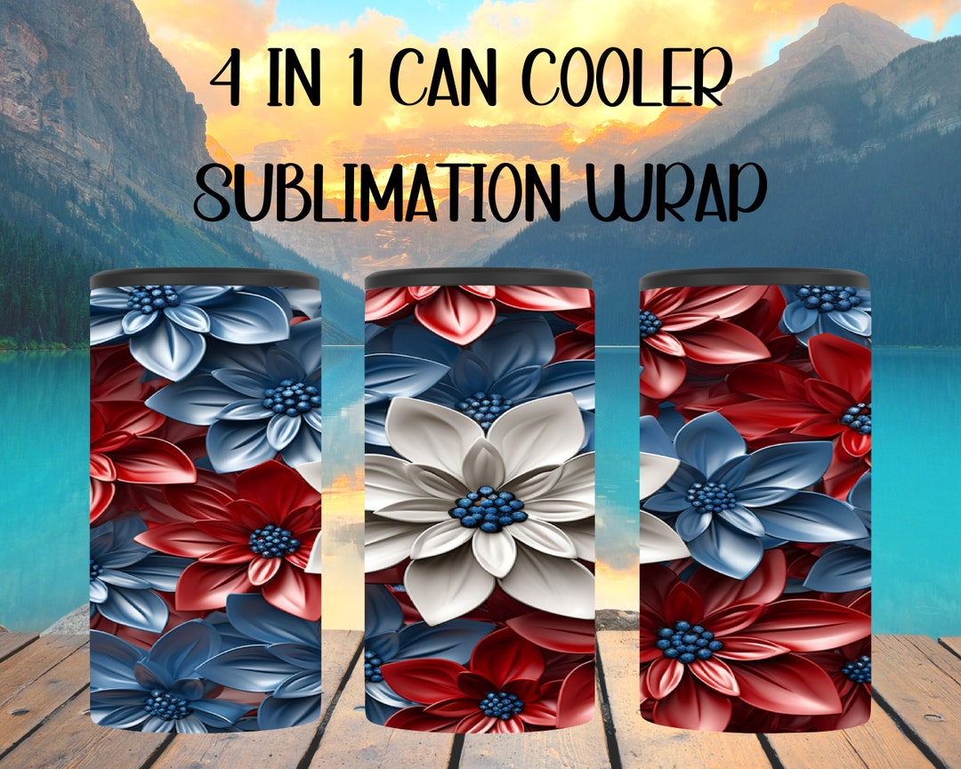 4 in 1 Can Cooler Sublimation 3D Patriotic Flower Wrap PNG, 4 in 1 ...