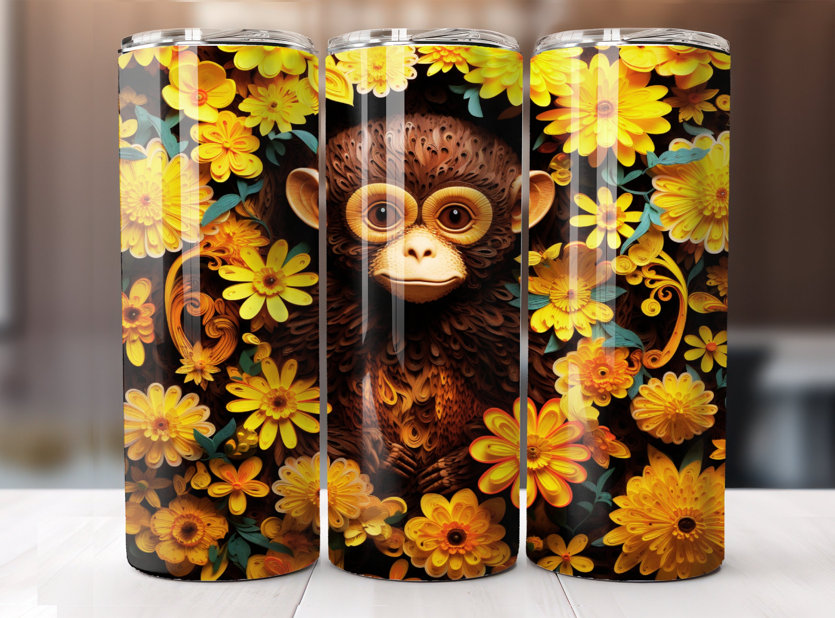 Cute Monkey Tumbler Wrap , Sunflowers 20 Oz Skinny Tumbler Sublimation ...
