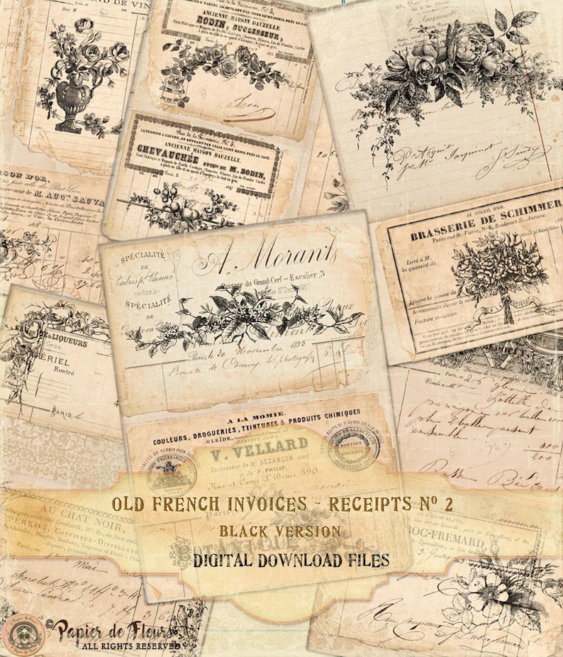 Vintage French Invoices & Receipts Ephemera: Black Roses Collage ...