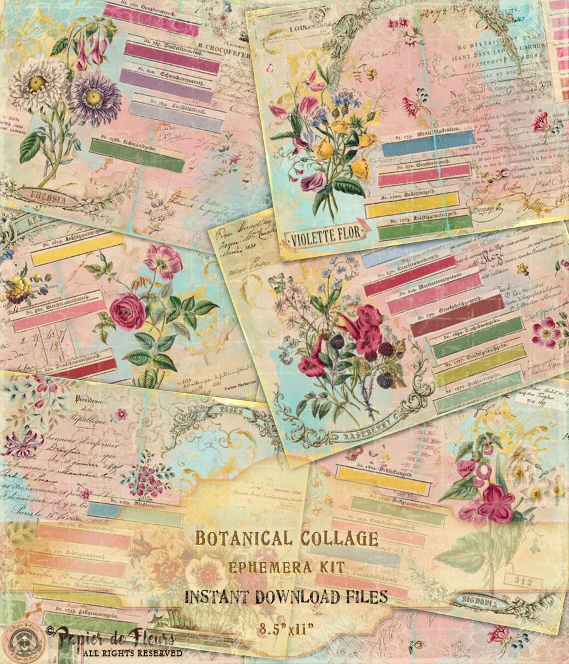 Botanical Collage Ephemera Kit, Vintage Floral Papers (instant Download ...