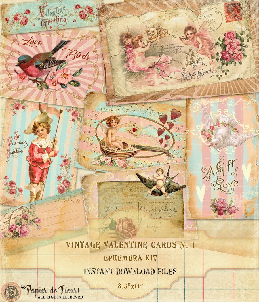 Vintage Valentine Cards, Shabby Chic Valentine Ephemera, Valentine ...