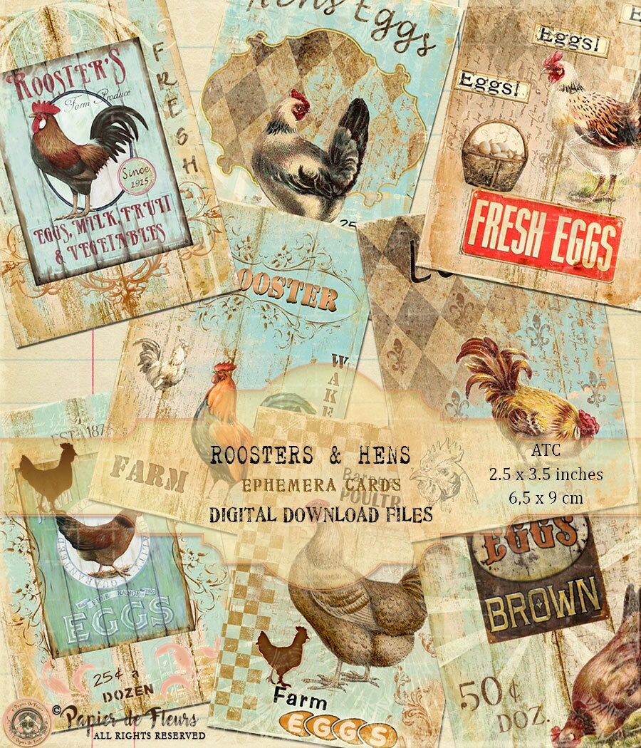 Roosters & Hens Printable File, 8 Ephemera Farmhouse With Roosters and ...
